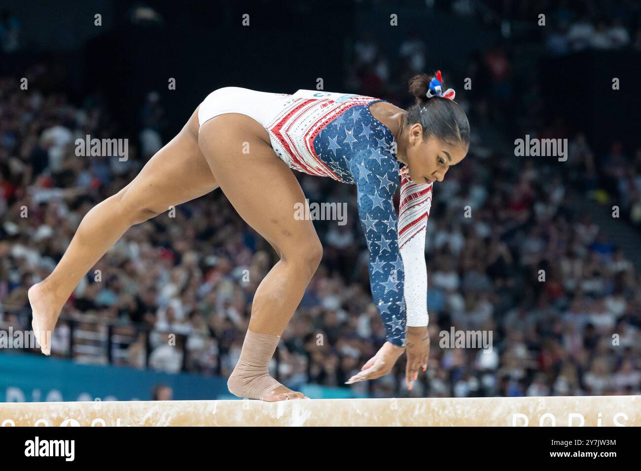 Paris, France. 30th July, 2024. Jordan Chiles of USA performs on beam ...