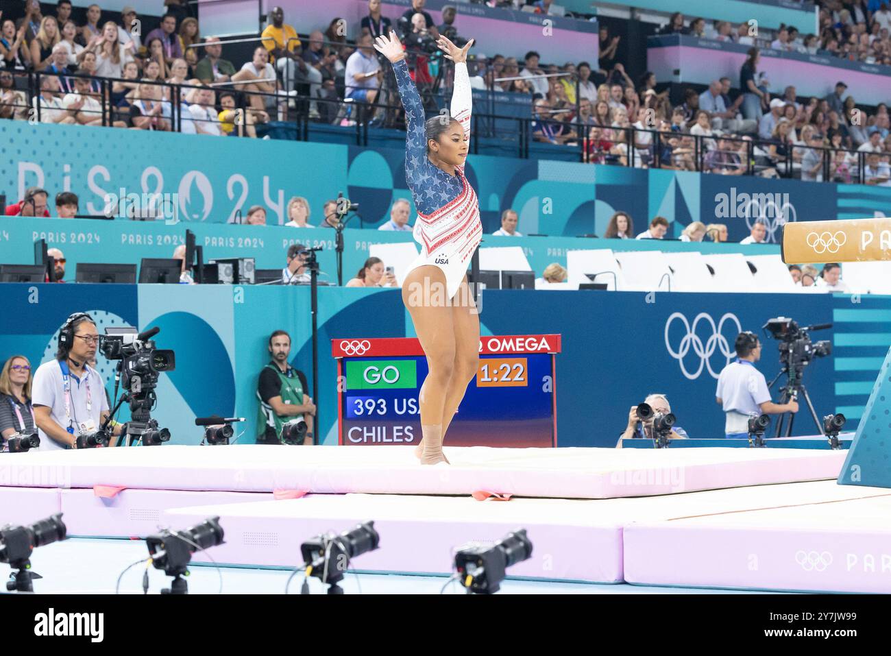 Paris, France. 30th July, 2024. Jordan Chiles of USA salutes after beam ...