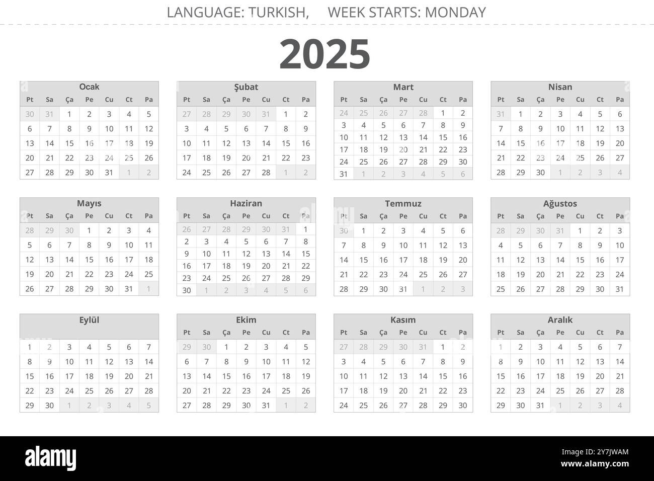 2025 year turkish calendar - takvim. Printable vector illustration for ...