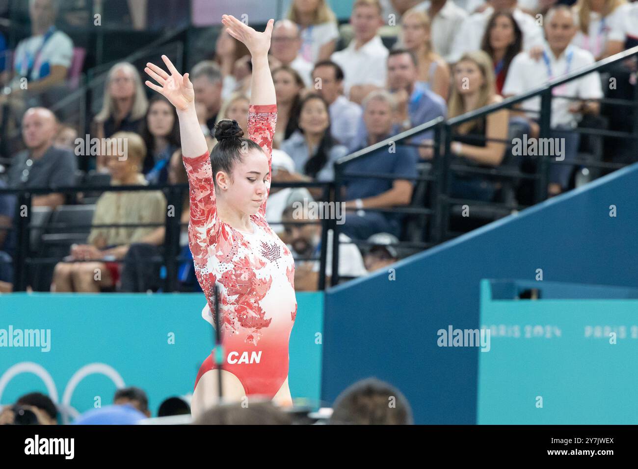 Paris, France. 30th July, 2024. Ava Stewart of Canada salutes on vault ...