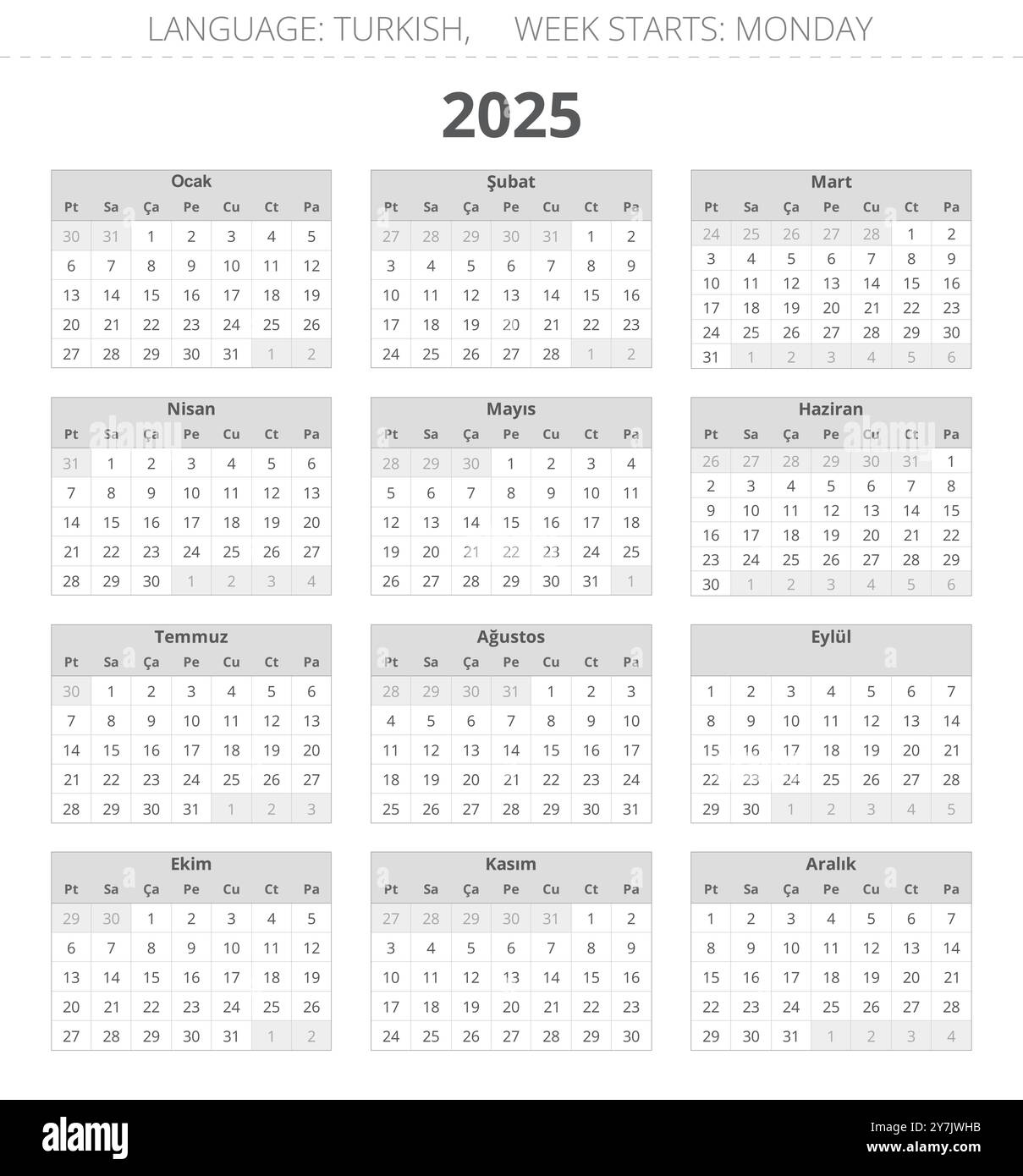 2025 year turkish calendar - takvim. Printable vector illustration for ...