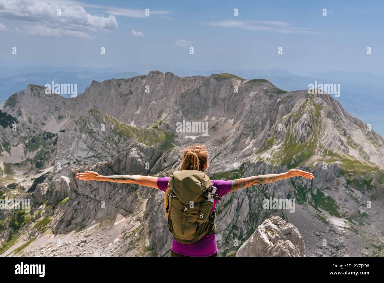 Woman Hiker Open Arms on Top of Mountain Stock Photo - Alamy