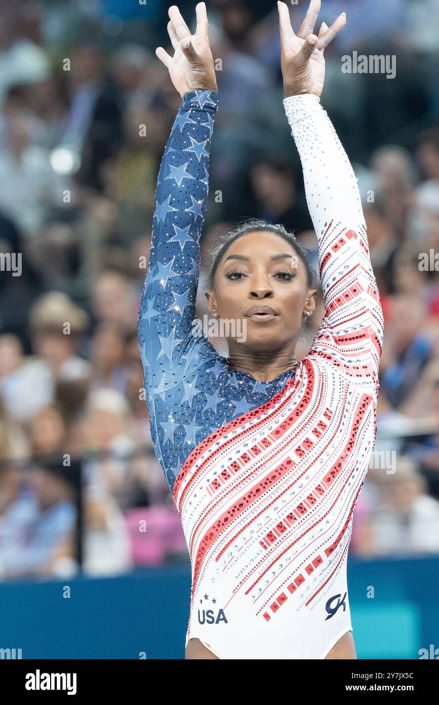 Paris, France. 30th July, 2024. Simone Biles of USA salutes before beam ...