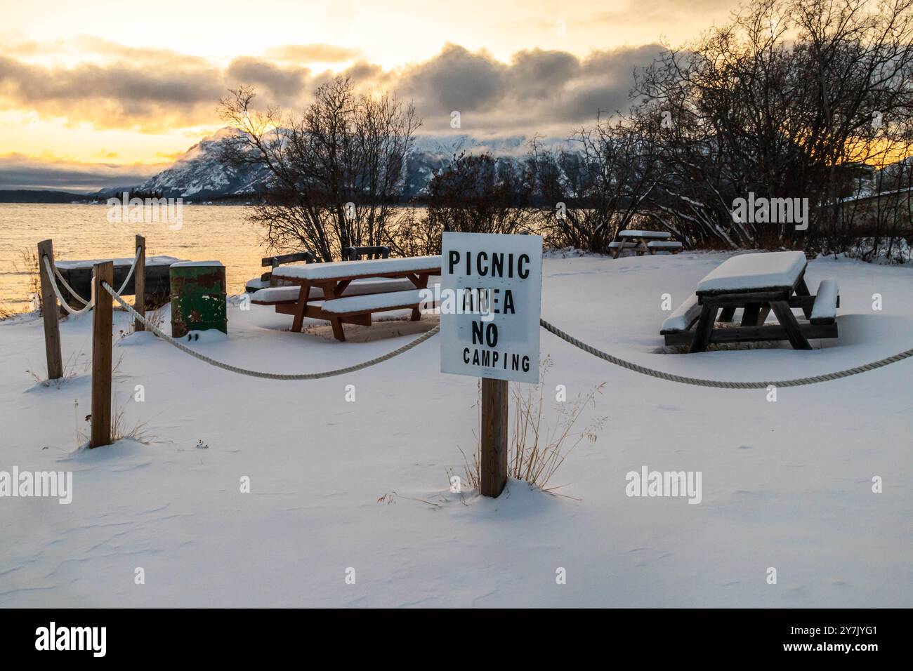 Picnic site at Teslin, Yukon Territory, Canada in winter. Teslin Lake ...