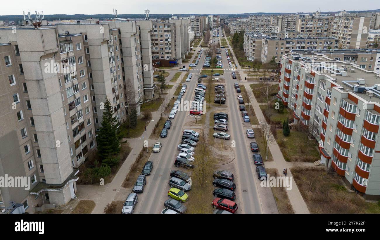 Aerial view of a residential area featuring large apartment buildings ...