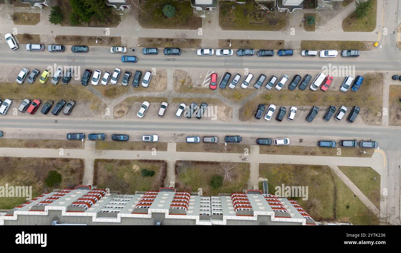 Aerial view of a residential area featuring large apartment buildings ...