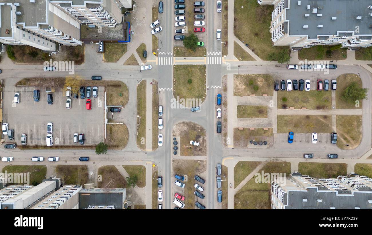Aerial view of a residential area featuring large apartment buildings ...