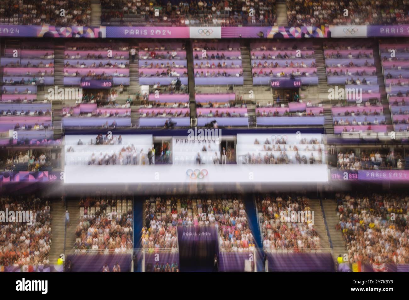 Interior of the Stade de France with the Olympic rings and the box with ...