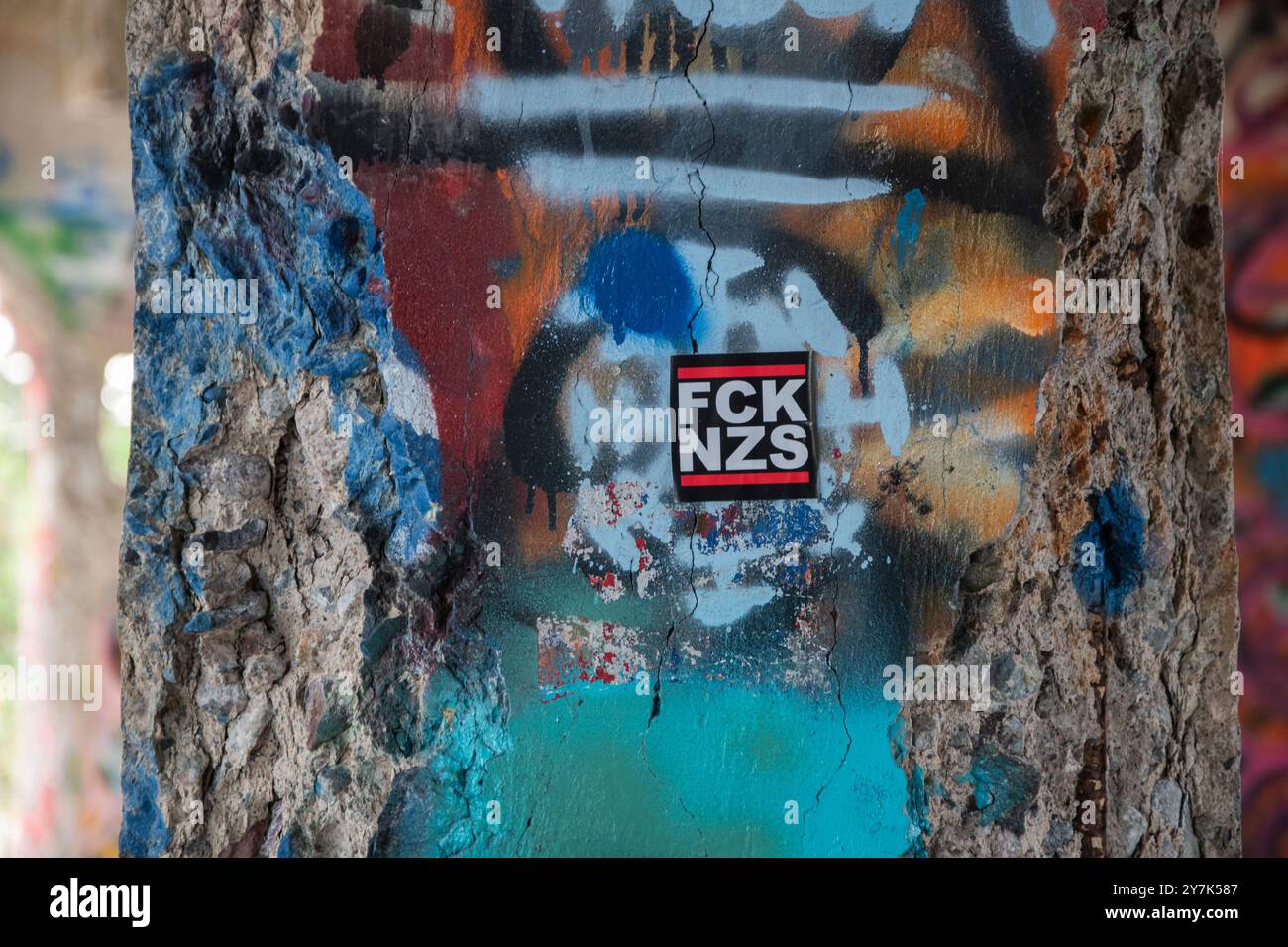 FCK NZS sticker inside radar building at Red Cliff Radar Station in ...