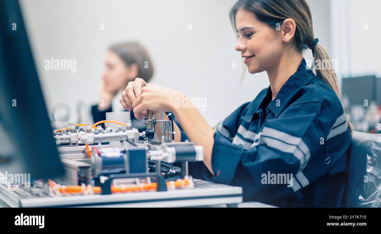 Mechanical engineering team working in robotic technology lap for research and develop for ...