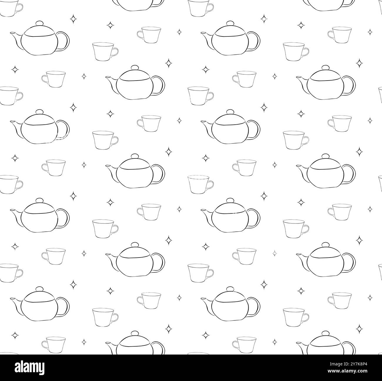 Cute line cups doodle seamless pattern and clip art. Hand-drawn texture ...