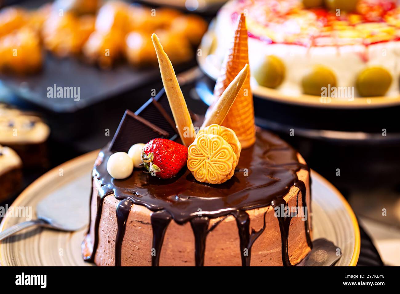 Chocolate mousse cake with decorations Stock Photo - Alamy