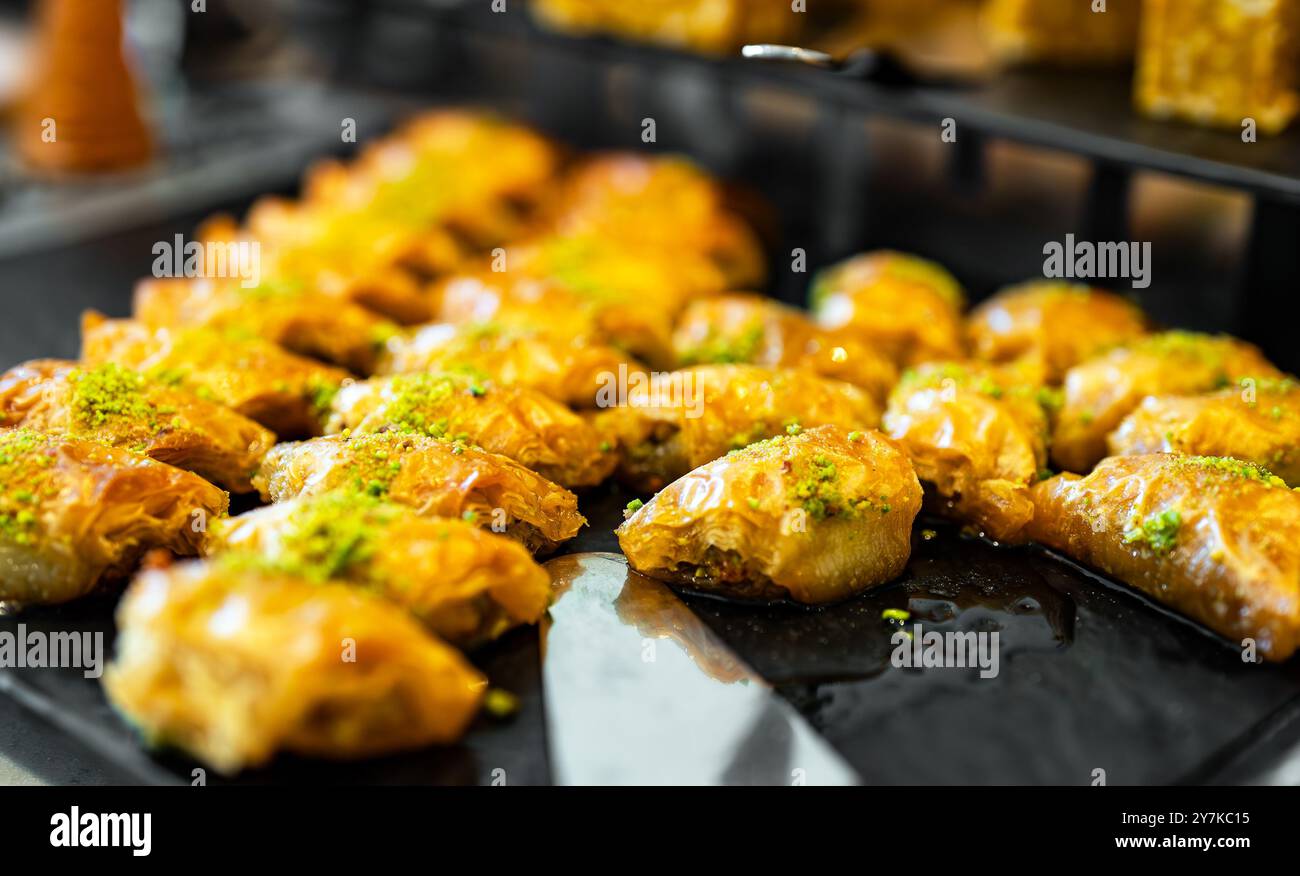 Traditional Turkish pistachio baklava dessert slices Stock Photo - Alamy