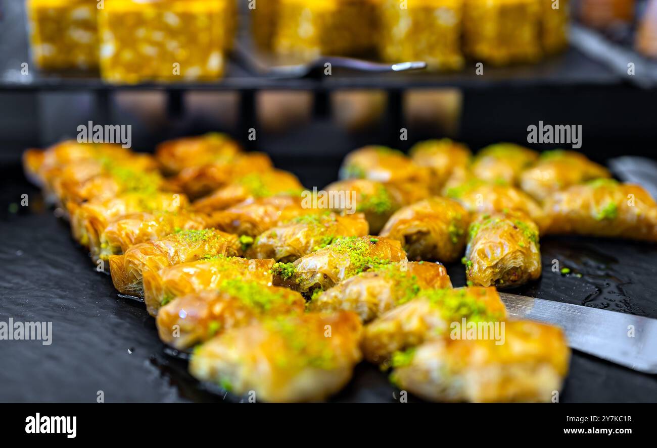 Traditional Turkish pistachio baklava dessert slices Stock Photo - Alamy