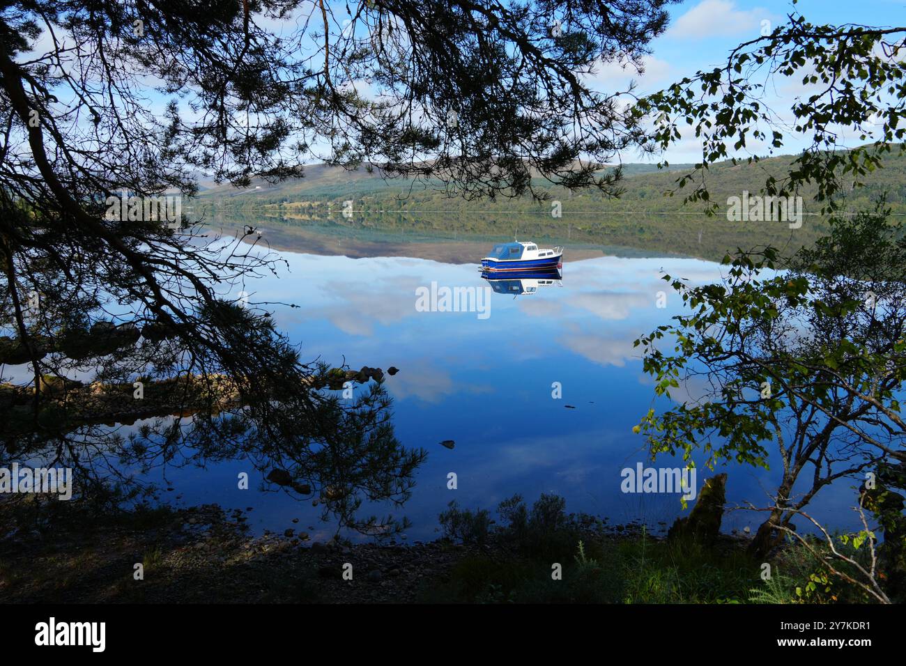 Boat perfectly mirrored, Loch Rannoch, Kinloch Rannoch, Scottish ...