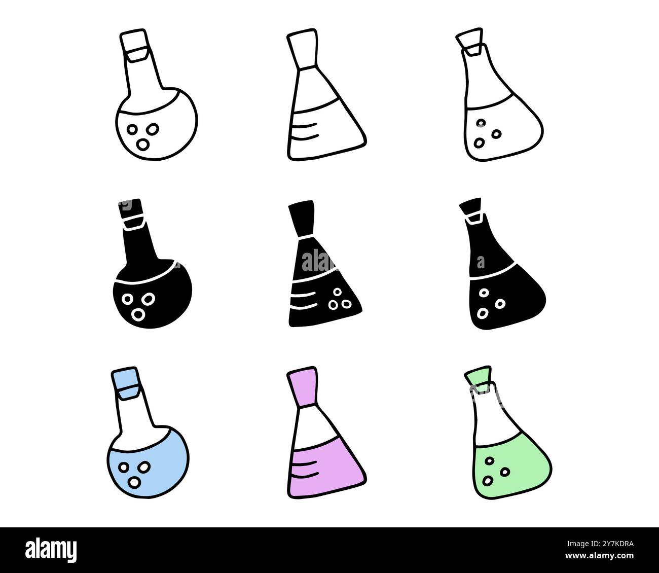 Set of laboratory flask icons with colored versions, black silhouettes ...