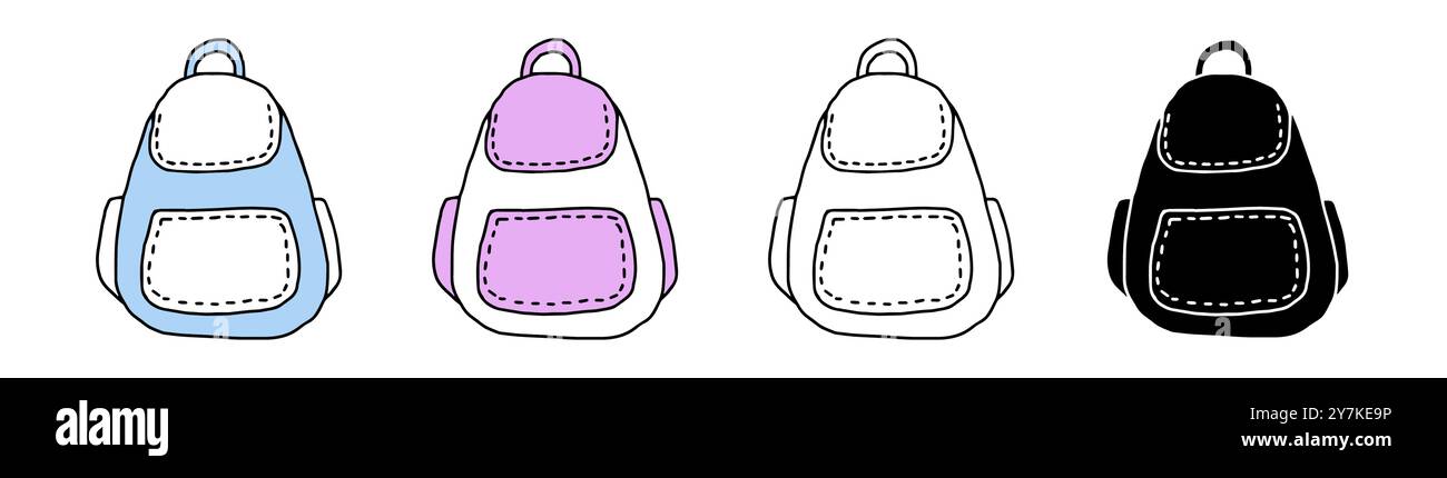 Set of backpacks featuring colored illustrations, black silhouette, and ...