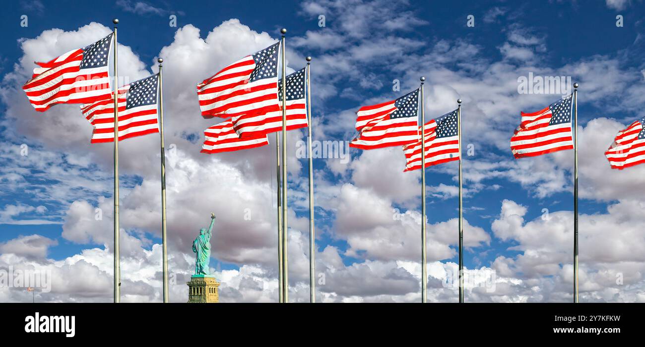 American Flags over Liberty State park, New Jersey Statue of Liberty ...