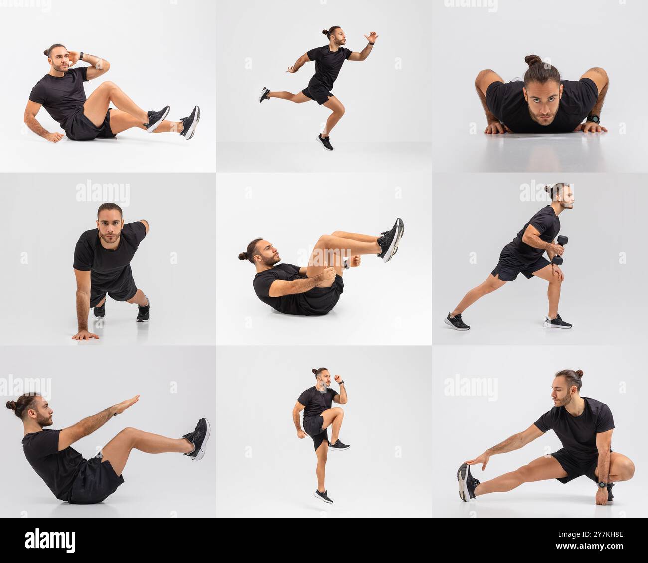 Fitness enthusiast demonstrating various exercises in a minimalist gym ...