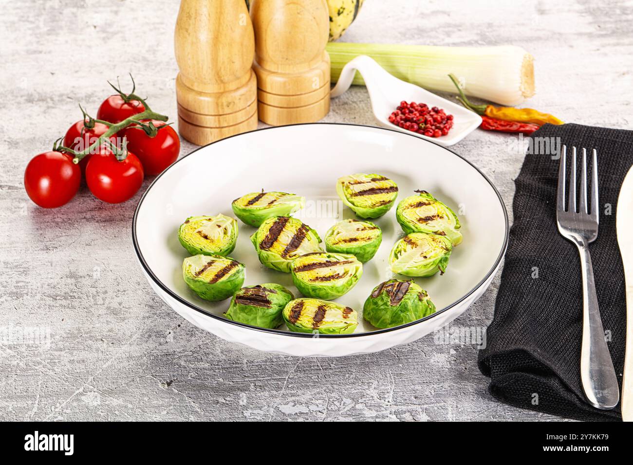 Vegan cuisine Grilled green brussel sprout cabbage Stock Photo - Alamy
