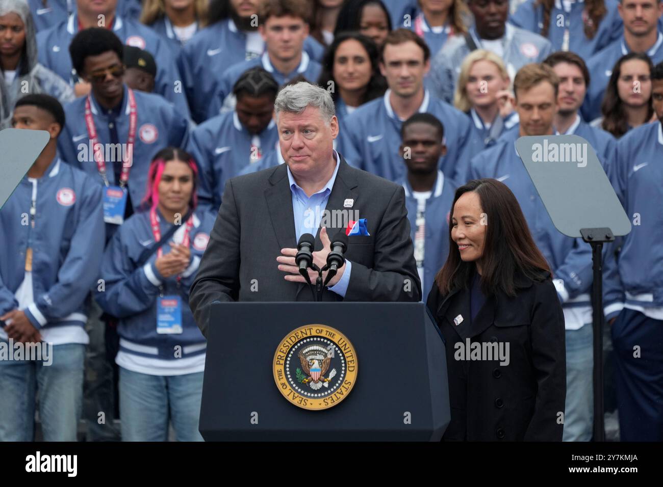 Jim Huske, Parent of athlete Torri Huske speaks an event celebrating ...