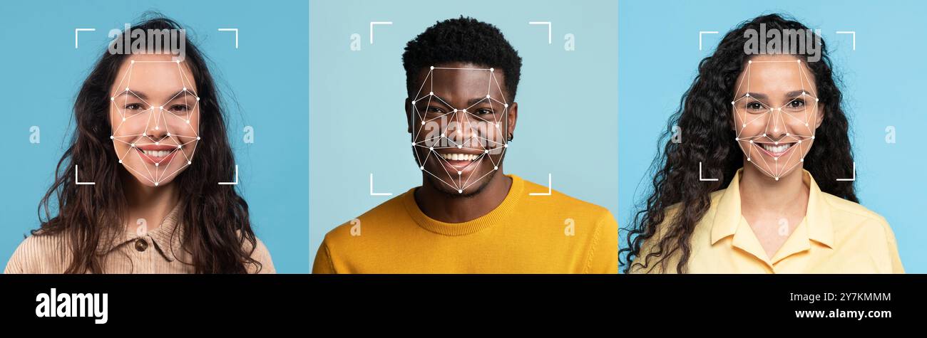 Diverse group of people smiling with facial recognition technology ...