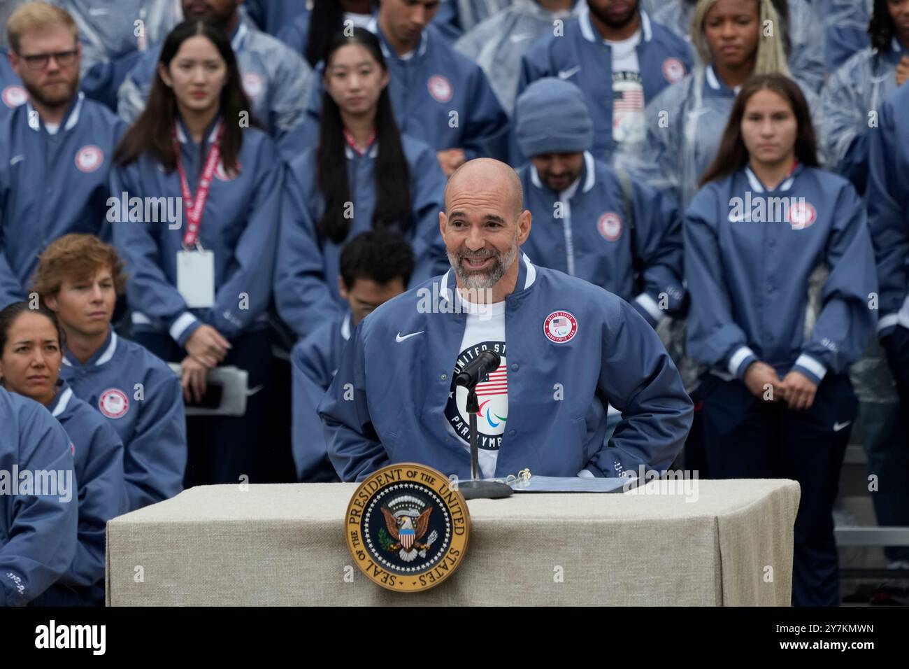 Paul Schulte, U.S. Paralympian basketball player speaks during an event celebrating the 2024 U.S ...