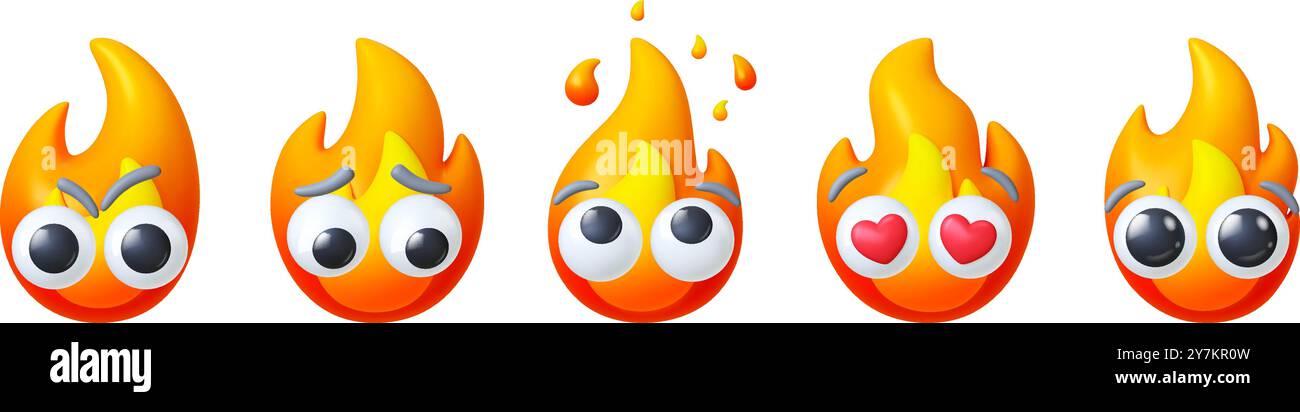 Cute emotional fires 3d icons. Red flames faces with eyes. Fire in love ...