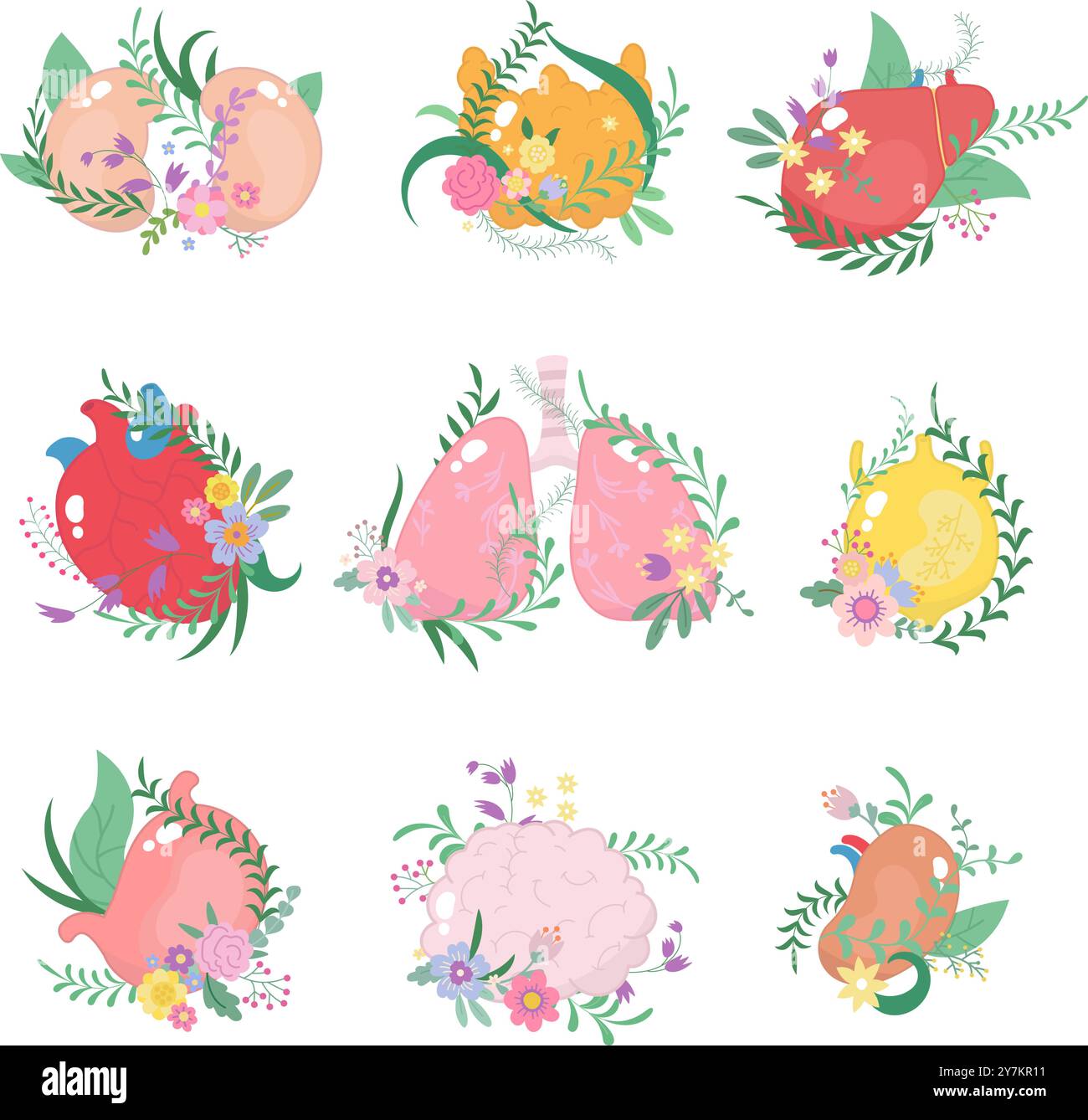 Internal organs with plants. Healthy human organ in flowers and ...