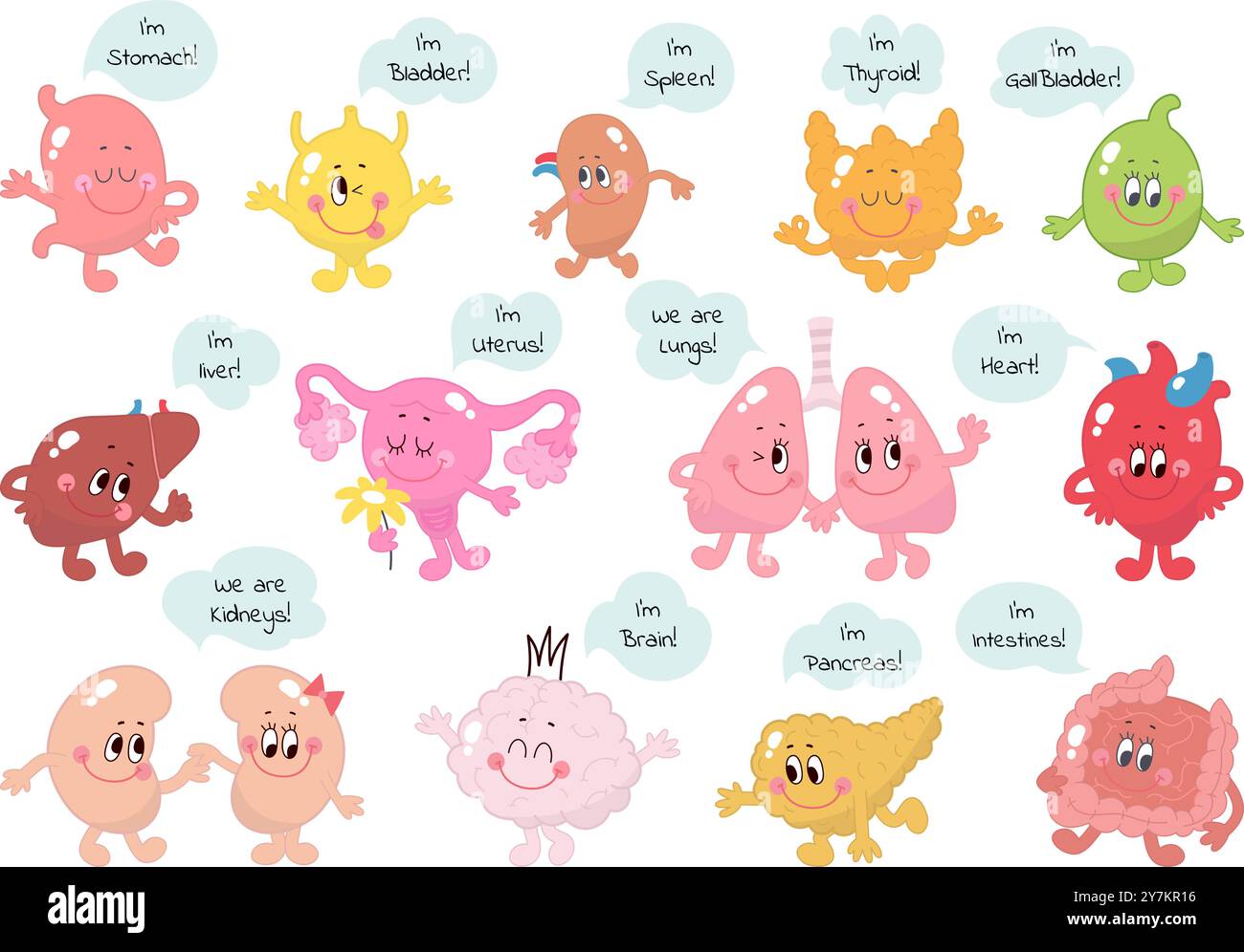 Cute human organs. Different cartoon internal organ with faces and ...