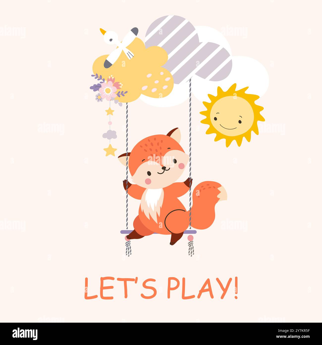 Cute fox on swing. Cartoon wild fox and sun characters in clouds ...