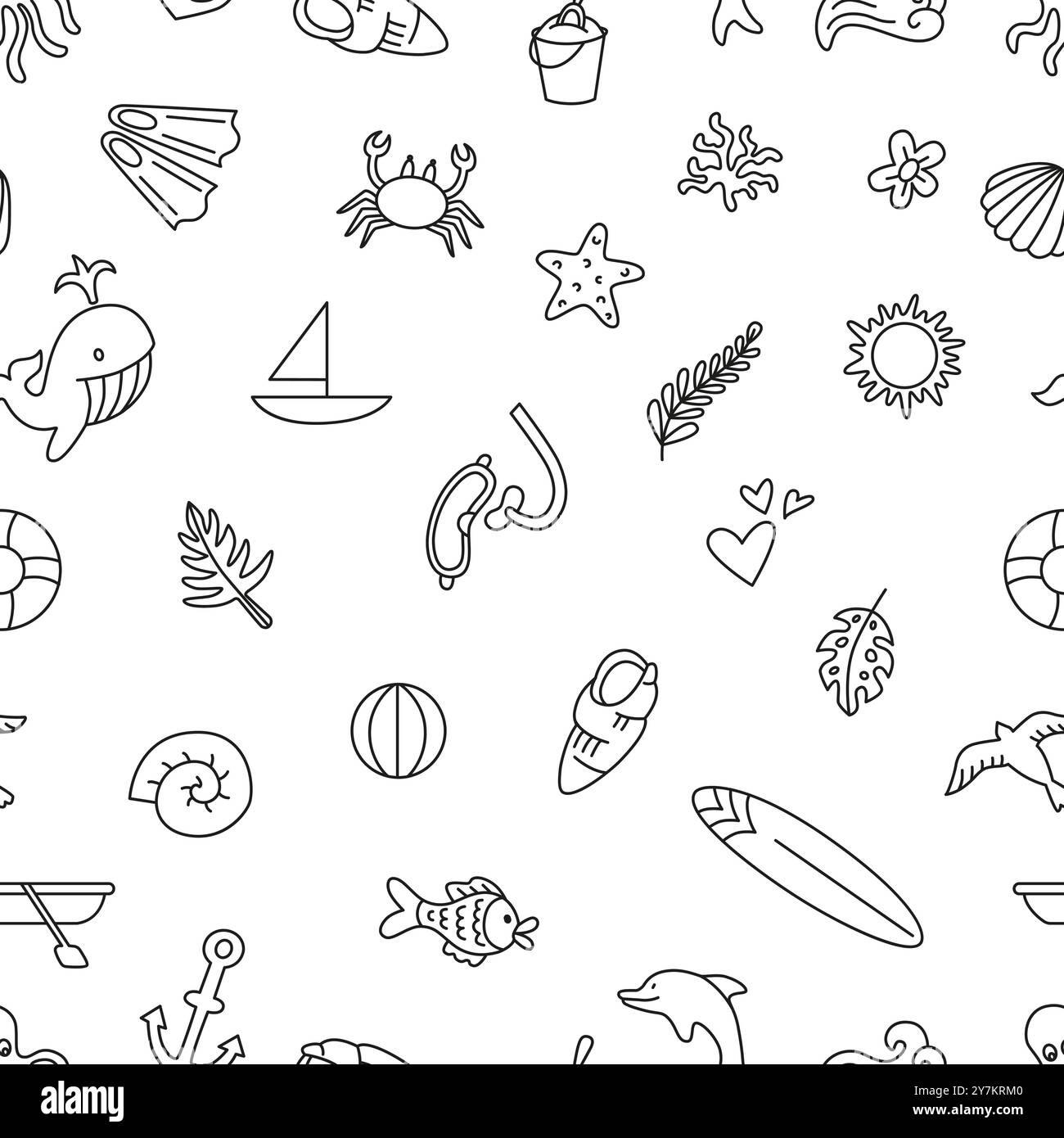 Sea seamless pattern. Doodle outline whale fish wave, beach accessories ...