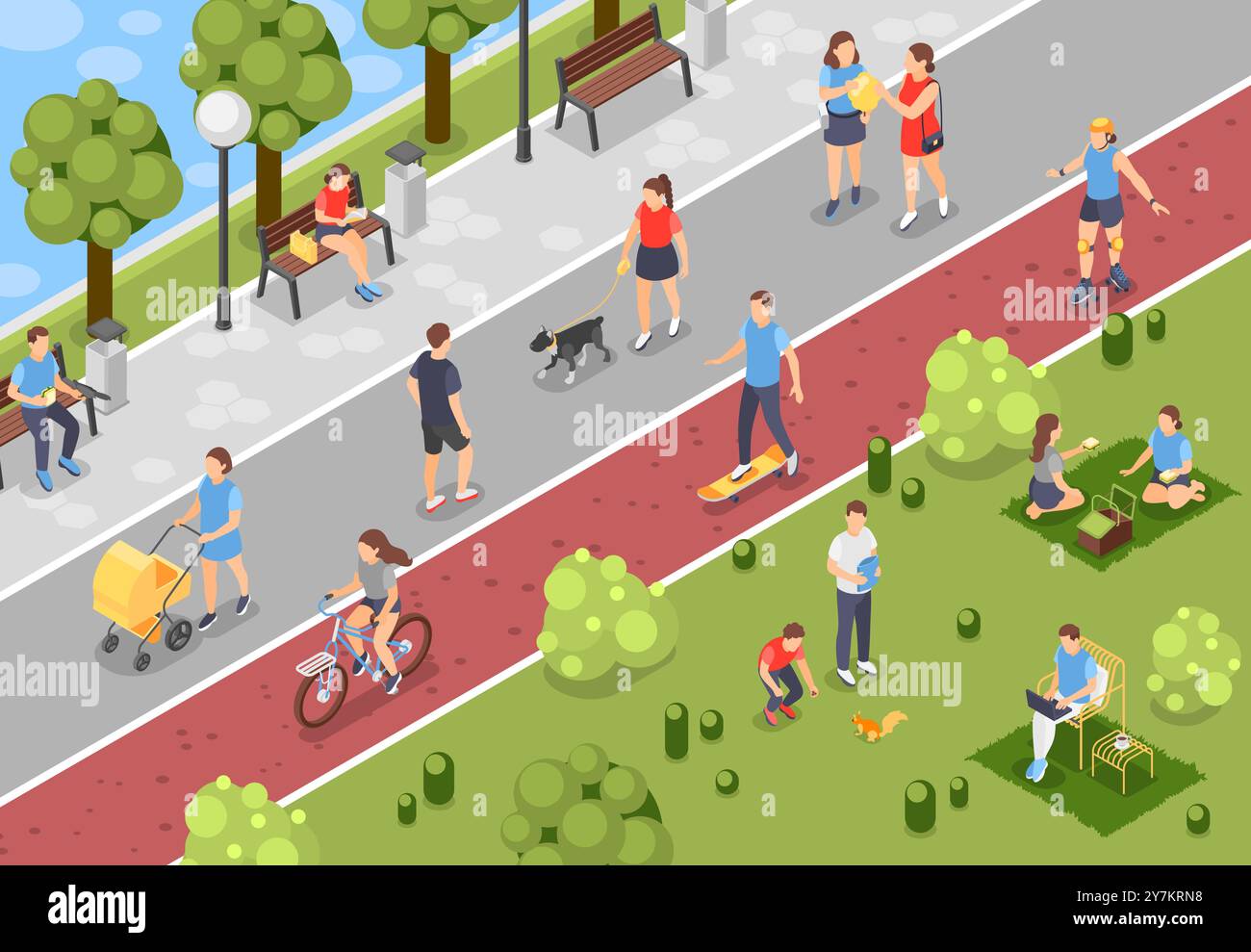 Isometric city park activities. People walking outdoor, riding bicycle ...