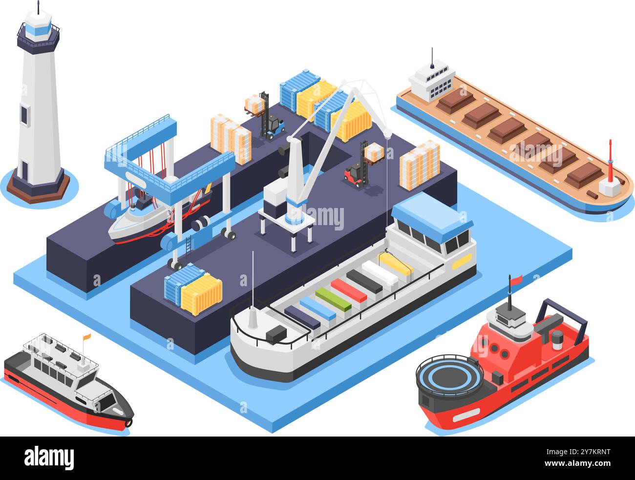Isometric seaport cargo service. Ship renovation and repair station ...