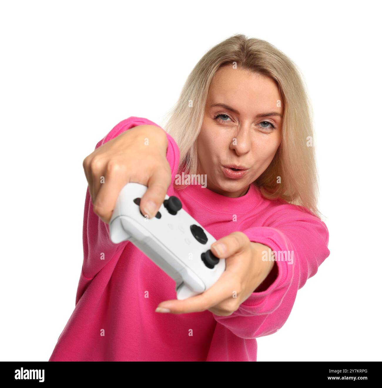 Woman playing video games with controller on white background Stock ...