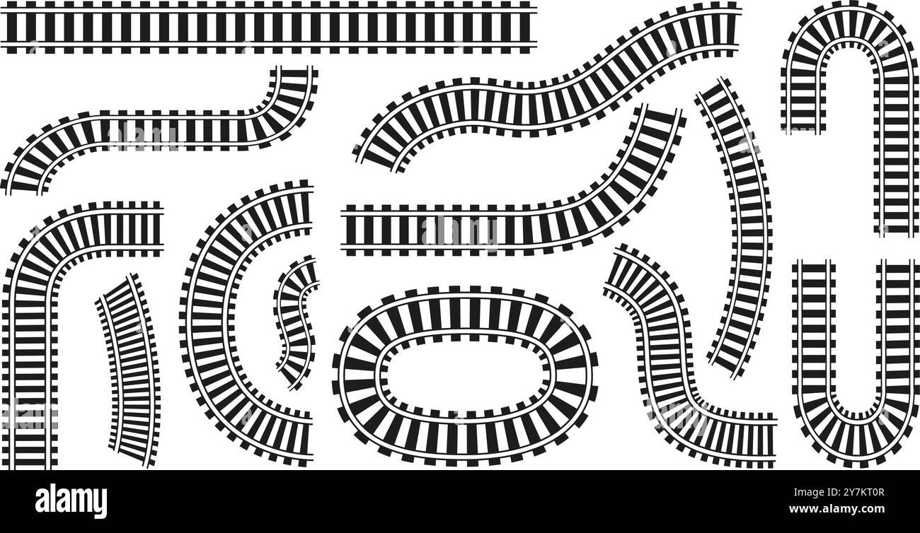 Railway tracks. Top view train paths, isolated flat transportation and road elements. Railroads ...