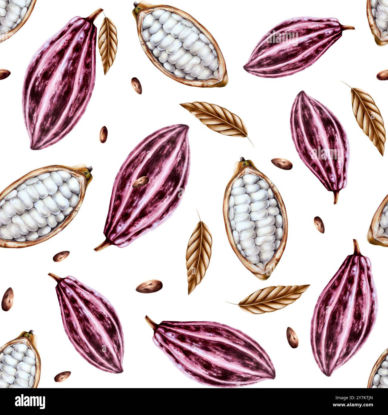 Seamless pattern with watercolor open cocoa pod, fruits and dry leaves ...
