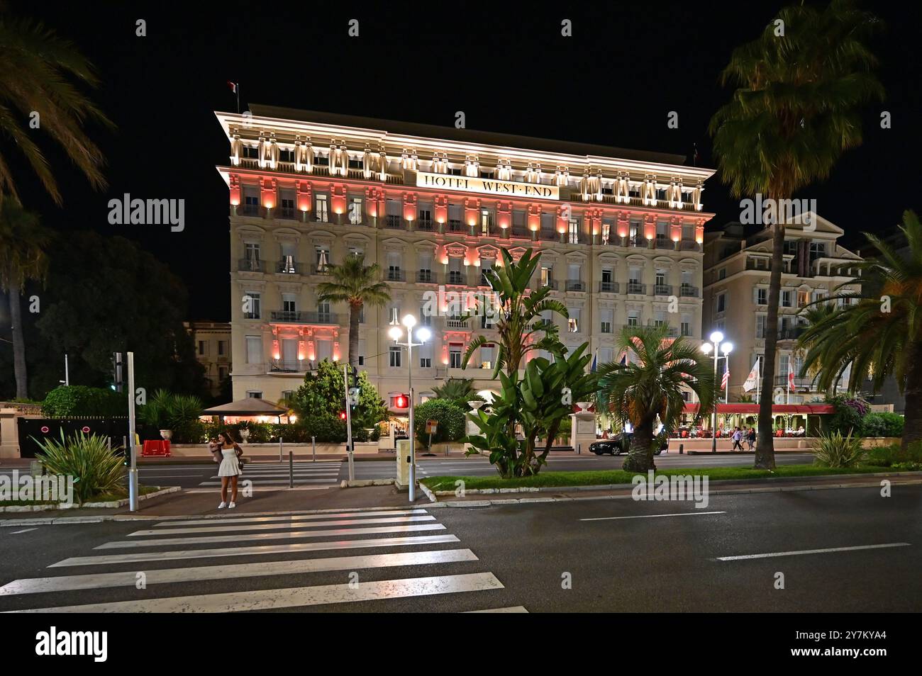 Nice, France - September 20, 2024: Illuminated facade of Hotel West End ...