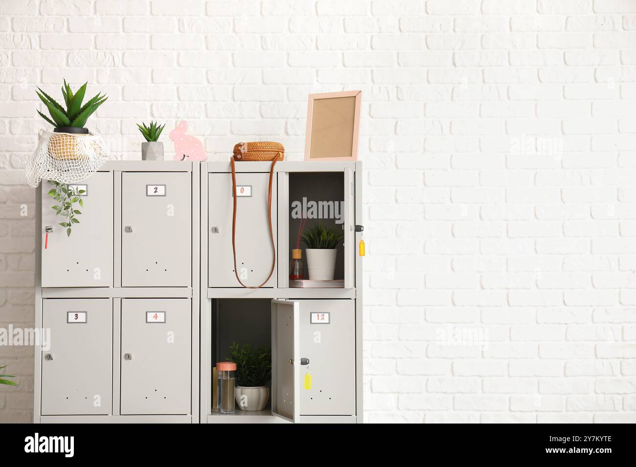 Modern locker with things and plants near white brick wall Stock Photo ...
