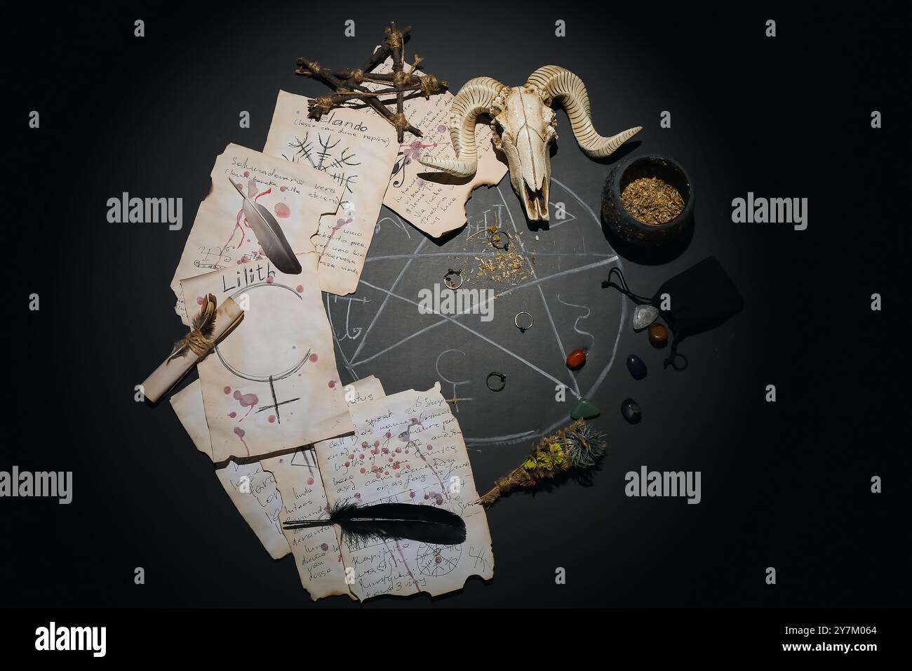 Witch's magic attributes with drawn pentagram on dark background Stock ...