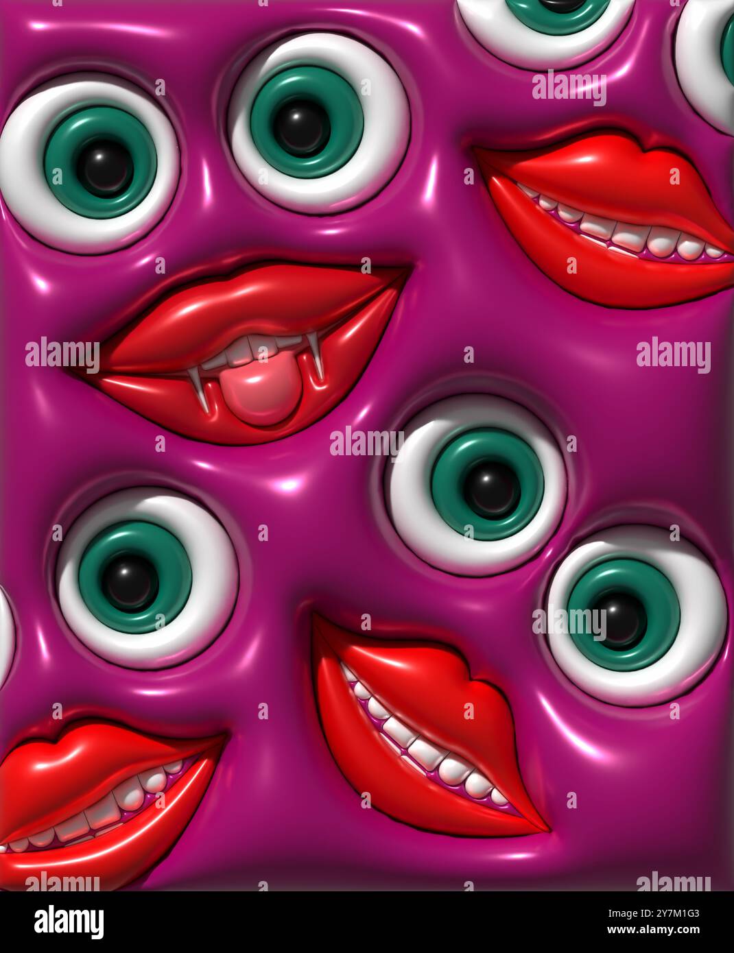 Funny faces with big round eyes and red lips on pink background, 3D ...