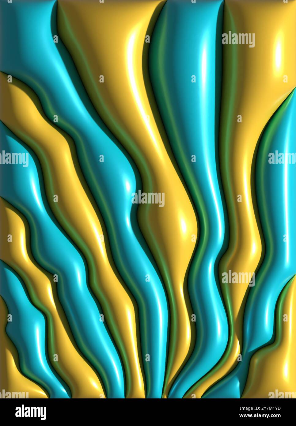 Inflated yellow and blue convolutions with shiny surface on isolated ...