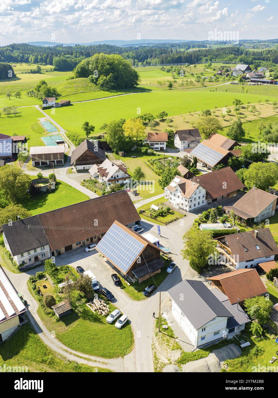 Aerial view of a village with houses, fields, forests and streets in ...