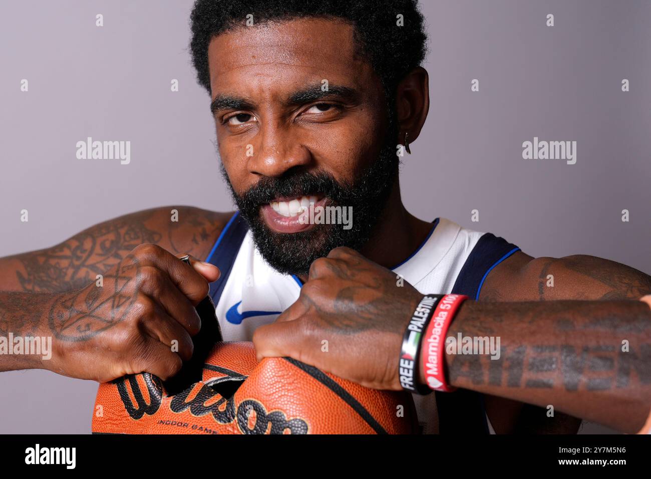 Dallas Mavericks guard Kyrie Irving poses for a photo during during the ...