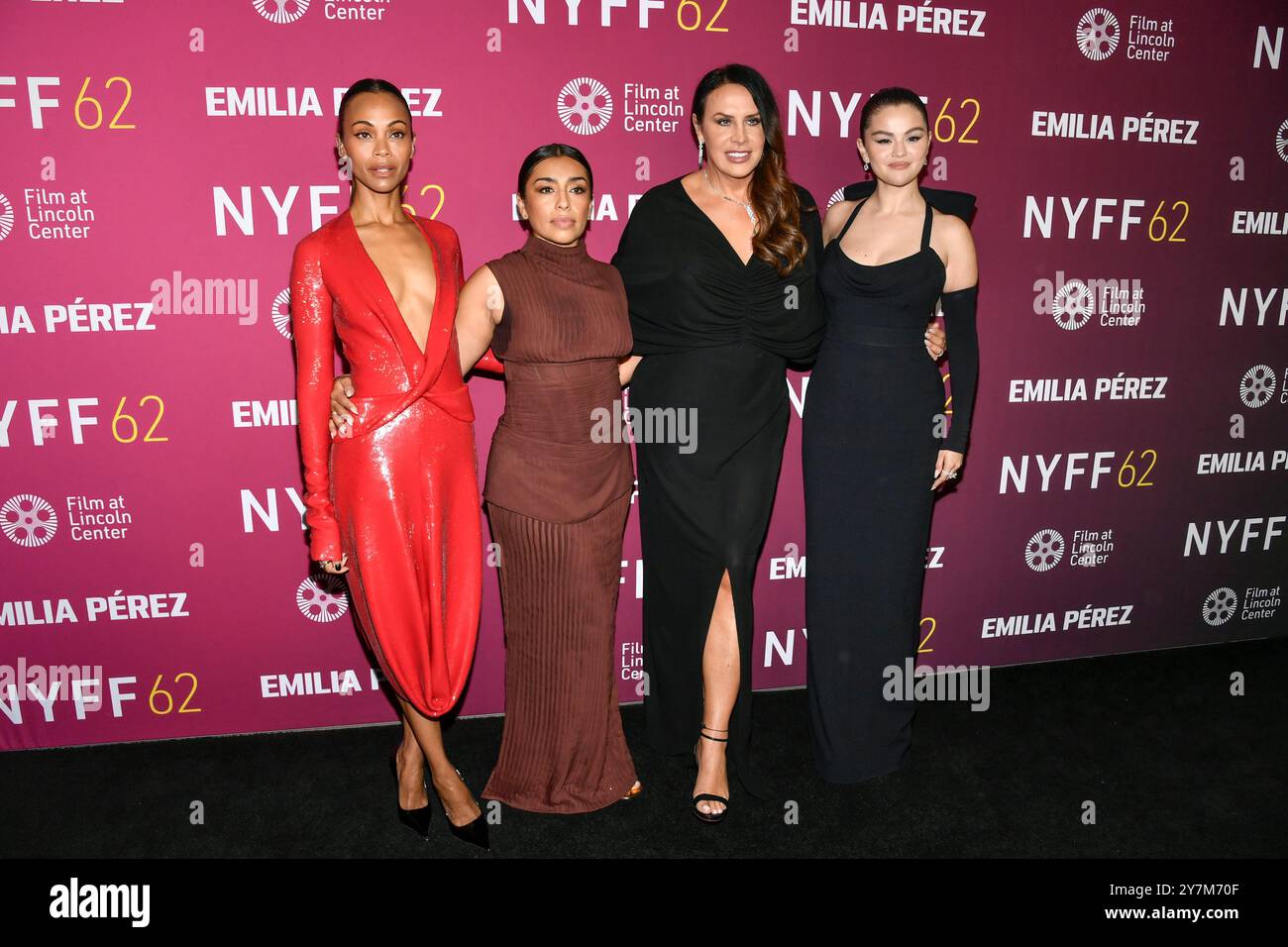 Zoe Saldana, from left, Adriana Paz, Karla Sofia Gascon, and Selena Gomez attend the premiere of ...