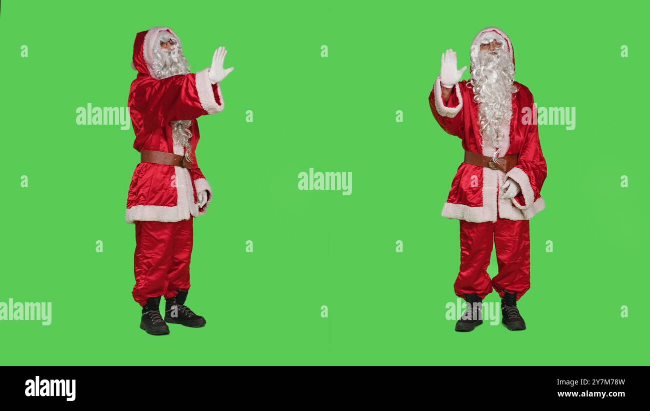 Christmas embodiment character shows palm as stop sign, rejecting ideas ...