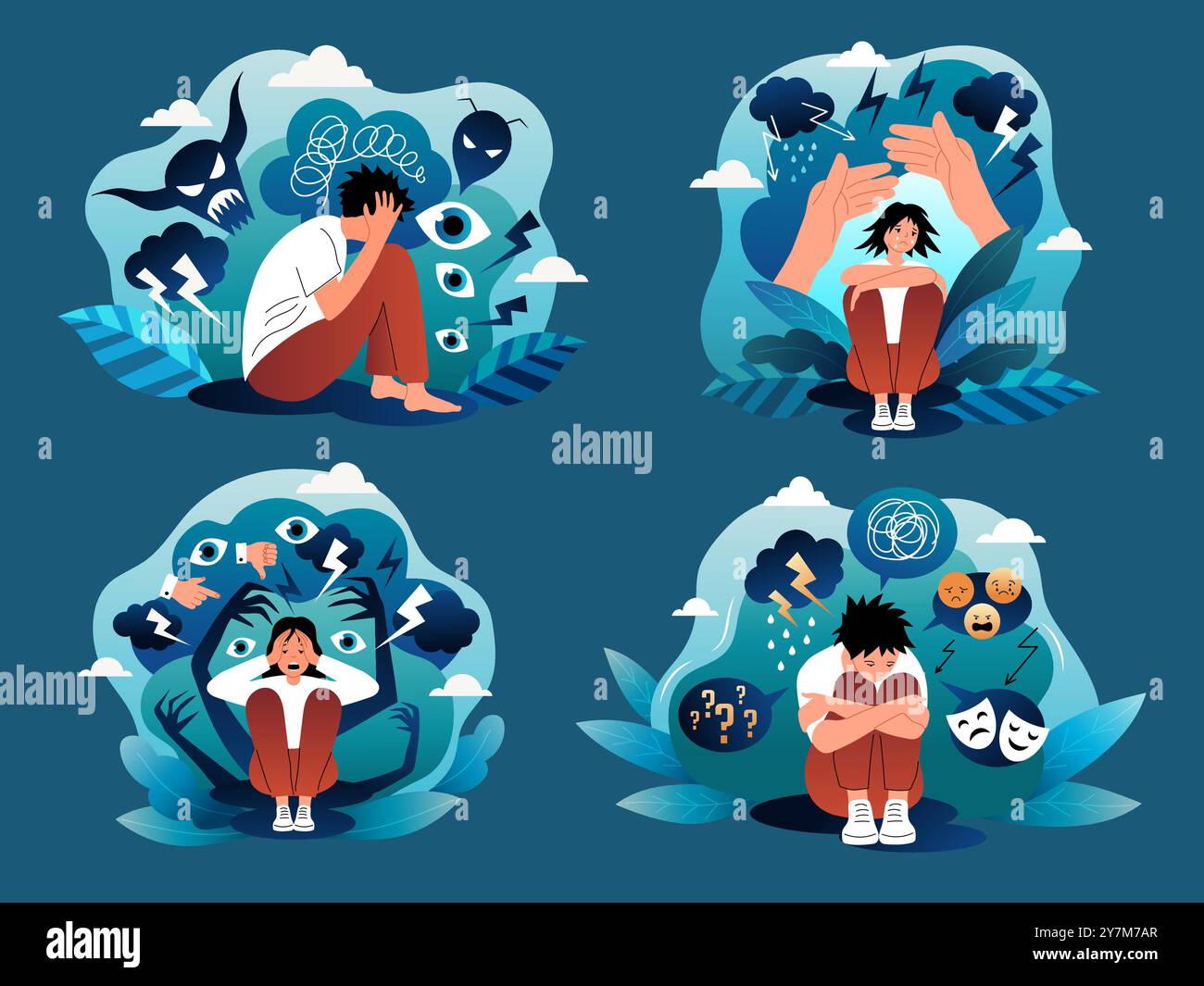 Psychology concepts. Flat stylized pictures mental problems of people ...