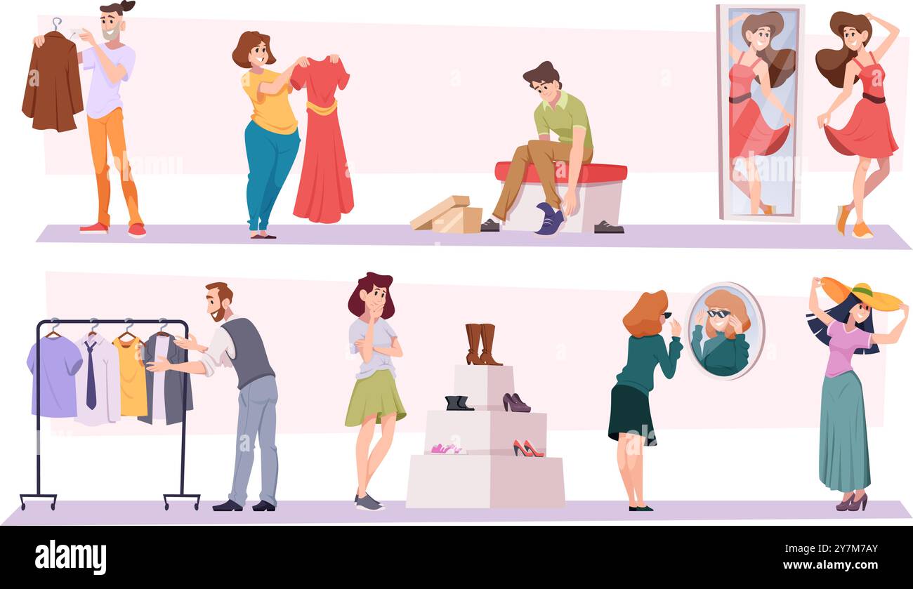 Clothes store. Fashion retail boutique people buying clothes exact ...