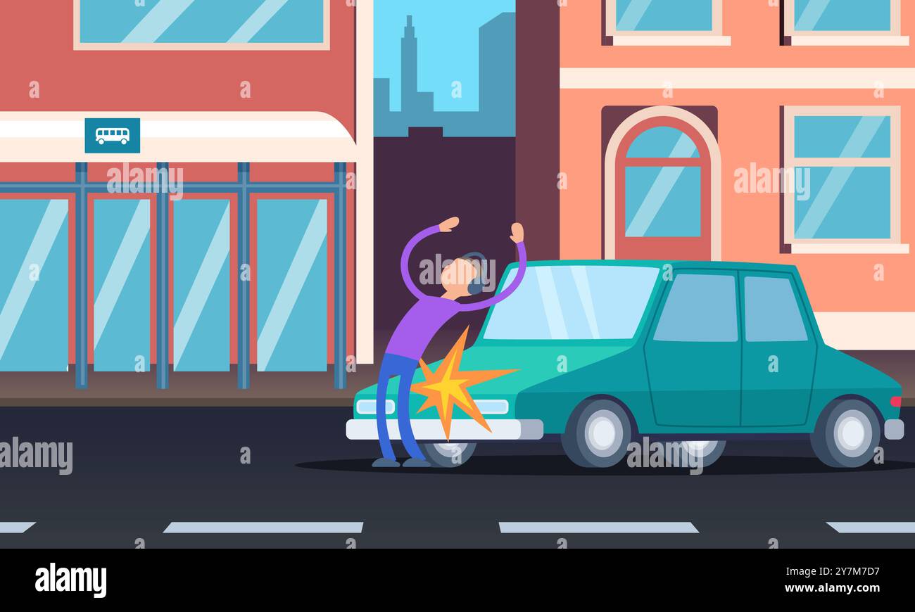 road accident. car hit a pedestrian in city. vector cartoon background ...