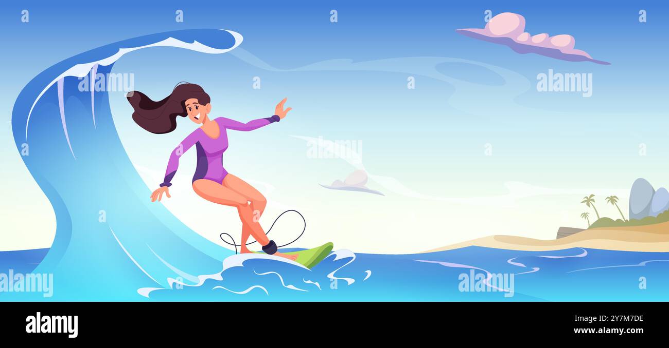 Surfing. Girl in ocean on surfboard extreme watersport exact vector ...